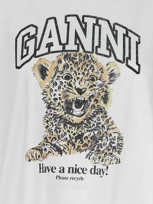 GANNI Leopard Print Cotton T-shirt - White