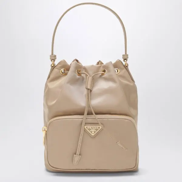 Prada Duet Bucket Bag In Beige Re-nylon - Brown