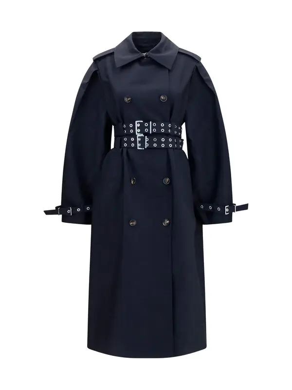 GANNI Double-breasted Cotton Trench Coat With Double Belt - Black