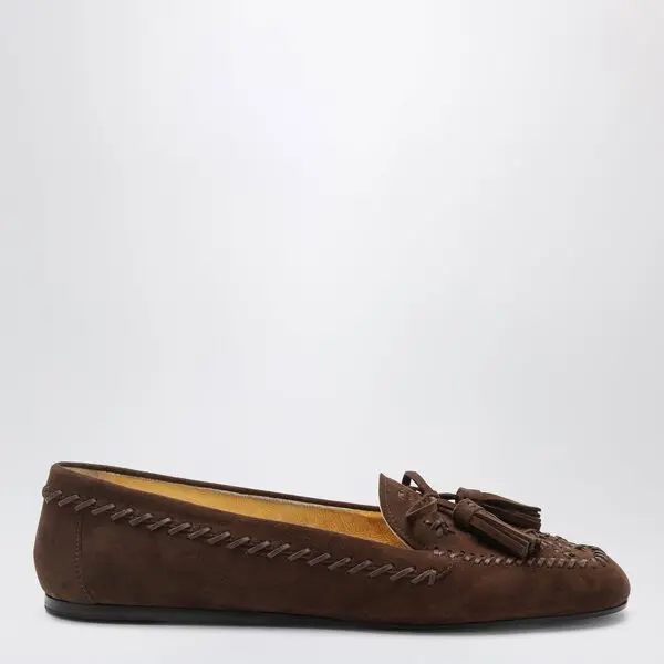 Prada Suede Moccasin Cacao With Embroidery And Tassels - Brown