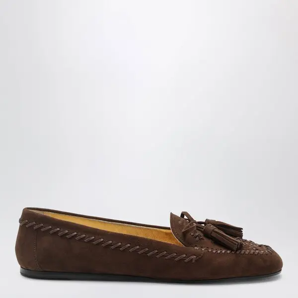 Prada Suede Moccasin With Embroidery And Tassels - Brown