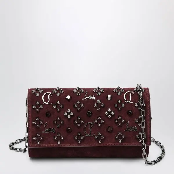 CHRISTIAN LOUBOUTIN Paloma Studded Suede Wallet On Chain Burgundy - Black