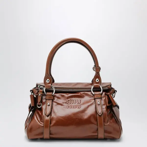 Miu Miu Medium Top-handle Bag In Glossy Palisander Leather - Brown