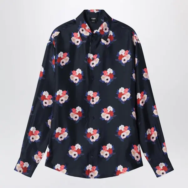 Fendi Dark Satin Shirt With Floral Print - Blue