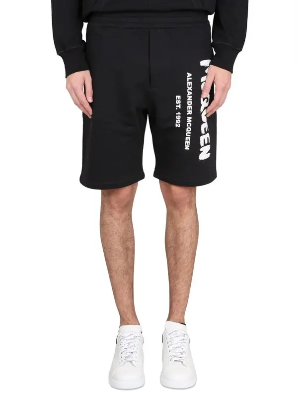 Alexander McQueen Bermuda Shorts With Graffiti Logo Print - Black