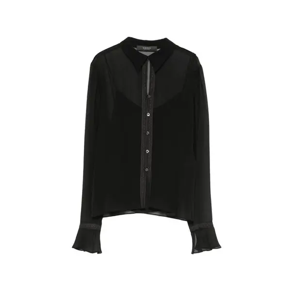 Gucci Silk Sheer Lace Trim Blouse - Black
