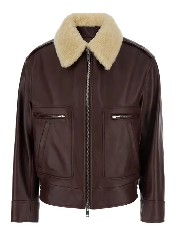 Bottega Veneta Brown Shearling Coat With Removable Fur Collar And Front Zip Closure In Leather - Multicolor