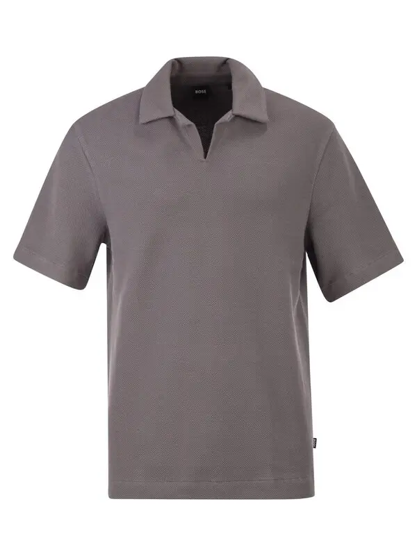 BOSS Textured Cotton Polo Shirt With Open Collar - Gray