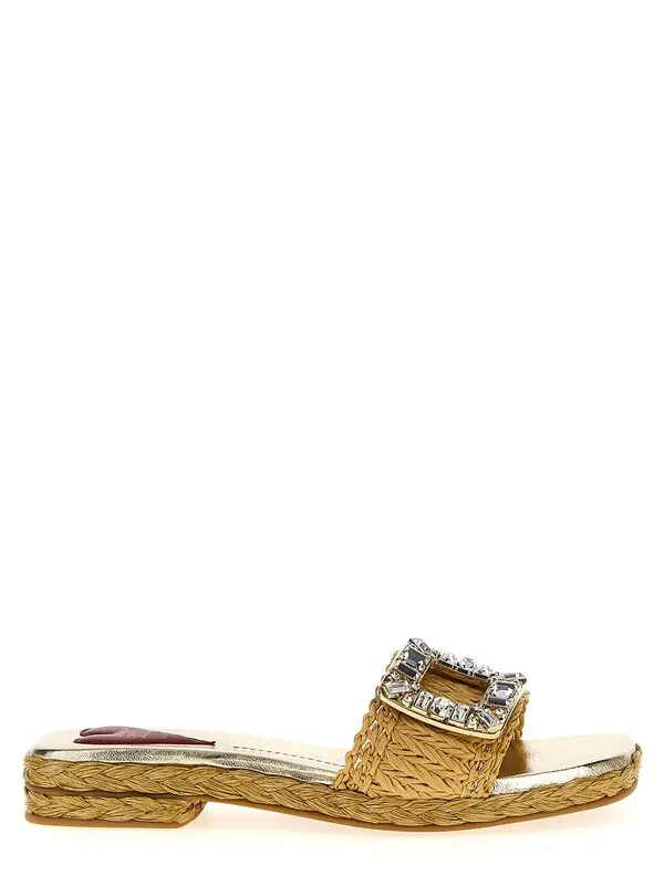 ROGER VIVIER Raffia Jewel Sandals - Cream