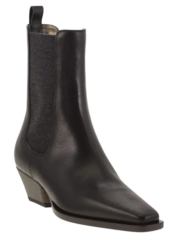 Brunello Cucinelli Classic Leather Chelsea Boot With Precious Block Heels - Black