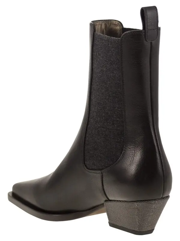 Brunello Cucinelli Classic Leather Chelsea Boot With Precious Block Heels - Black