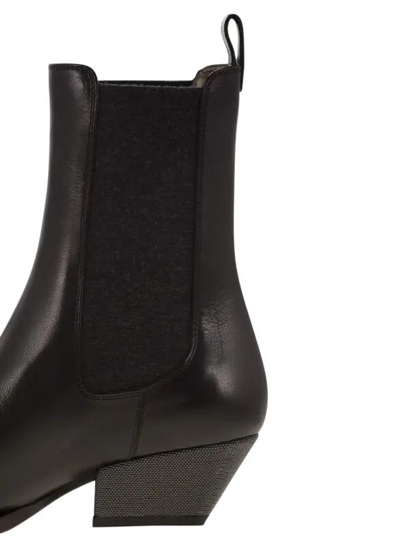 Brunello Cucinelli Classic Leather Chelsea Boot With Precious Block Heels - Black