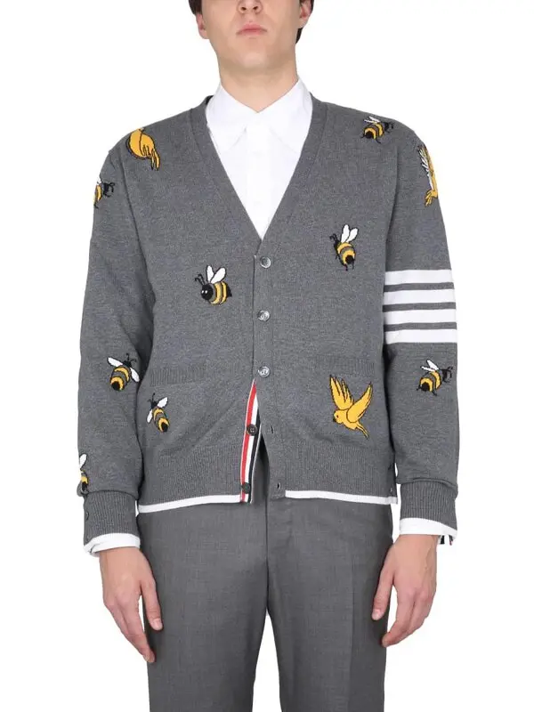 Thom Browne Cardigan With Birds And Bees Inlays - Gray