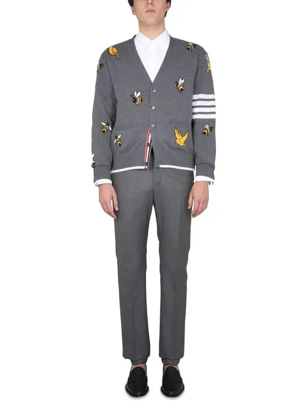 Thom Browne Cardigan With Birds And Bees Inlays - Gray