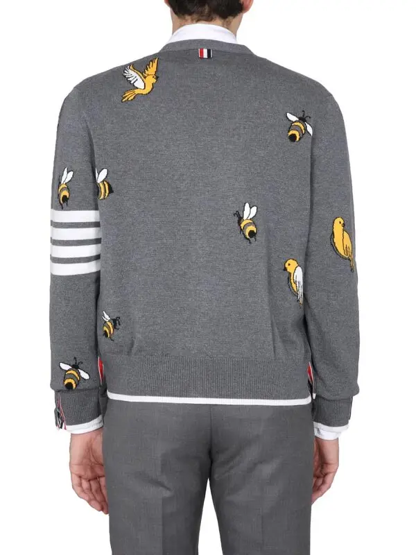 Thom Browne Cardigan With Birds And Bees Inlays - Gray