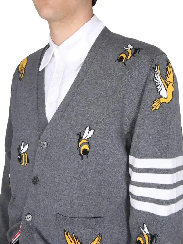 Thom Browne Cardigan With Birds And Bees Inlays - Gray