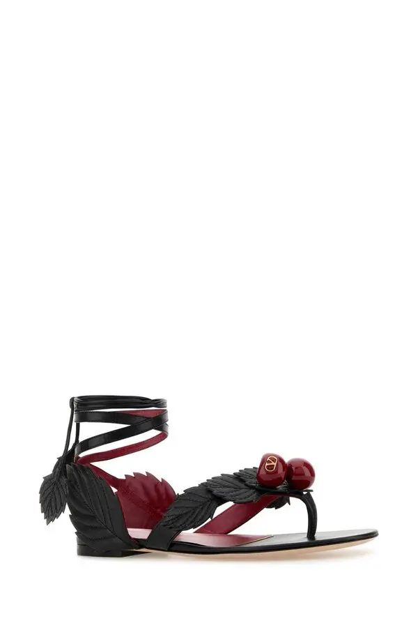 Valentino Garavani Leather Cherryfic Thong Sandals - Black