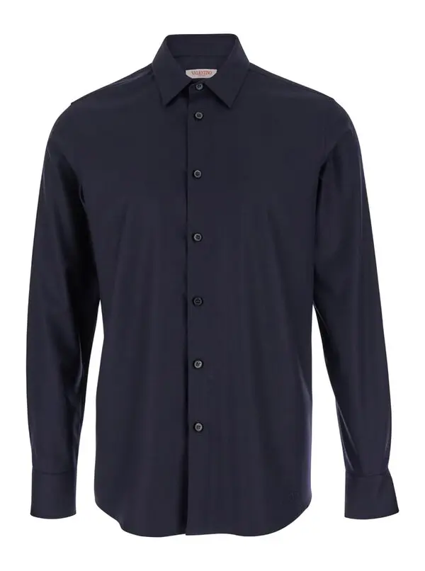 Valentino Garavani Blue Shirt With Classic Collar In Wool Blend