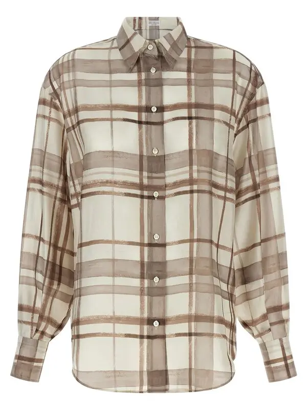 Brunello Cucinelli Check Patterned Silk Shirt - Cream