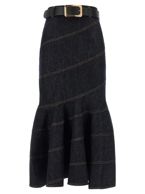 SELF-PORTRAIT Denim Midi Skirt - Blue