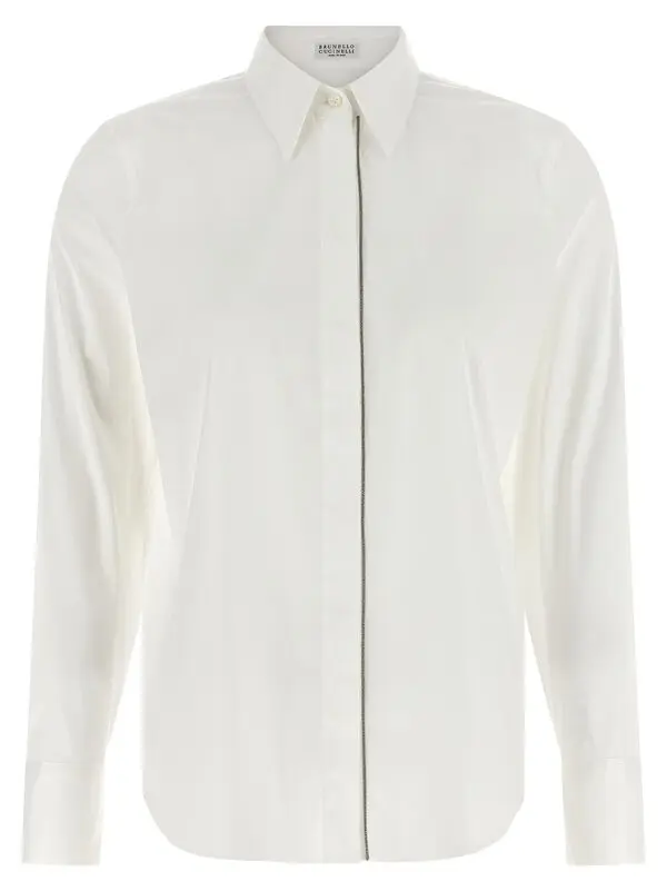 Brunello Cucinelli Shiny Trim Stretch Cotton Poplin Shirt - White