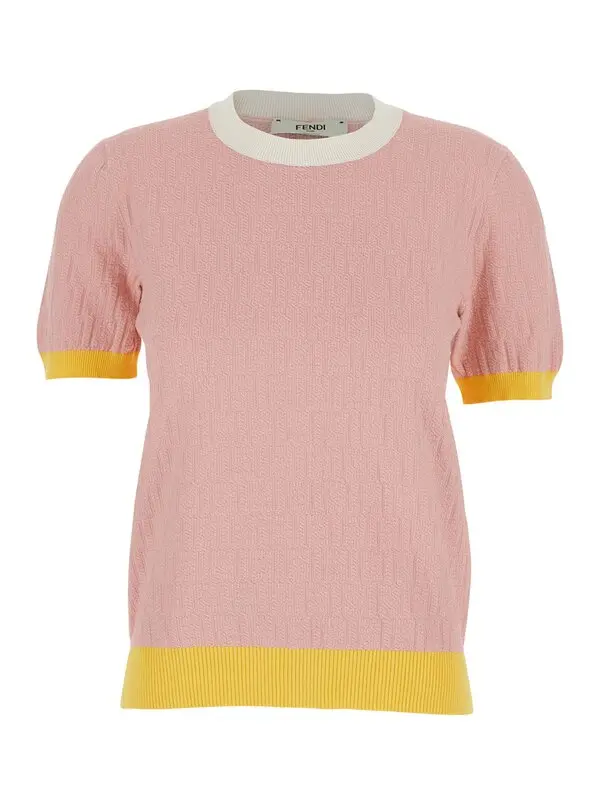 Fendi Crew Neck T-shirt With All-over Ff Motif In Cotton - Pink