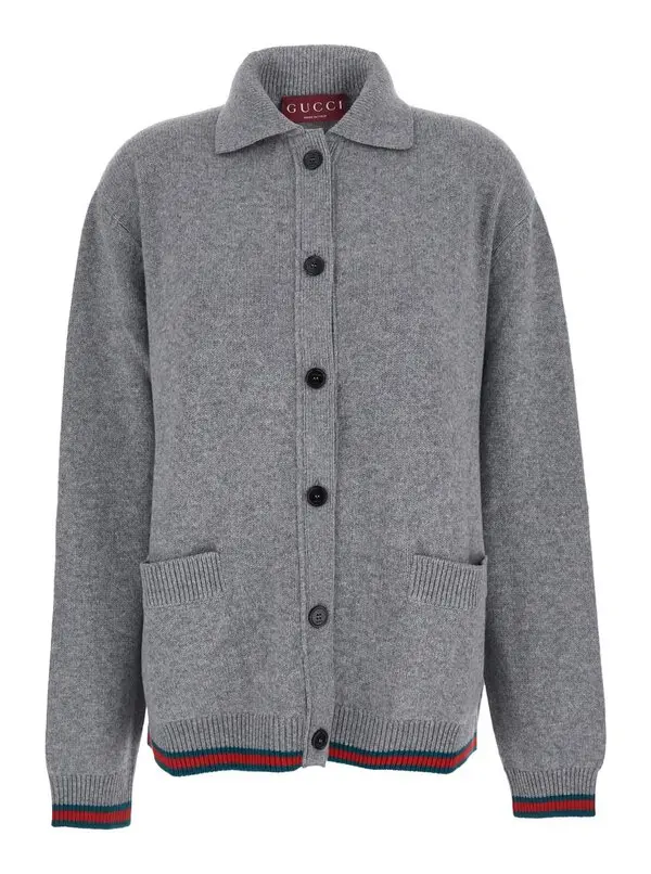 Gucci Grey Cardigan With Pointed Collar And Web Detailing On Edges In Wool And Cashmere Blend - Multicolor