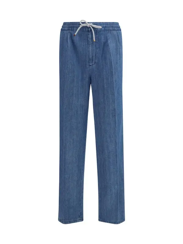 Brunello Cucinelli Lightweight Denim Pants With Drawstring And Double Pleats - Blue
