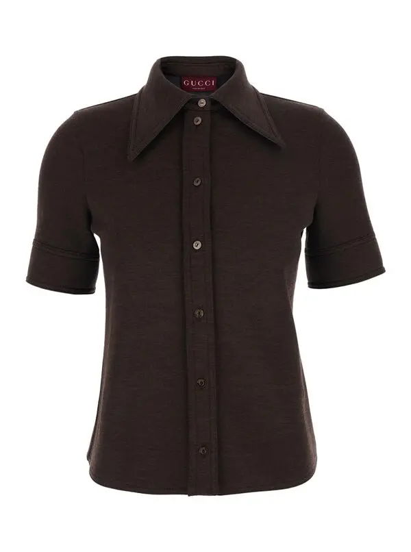 Gucci Shirt With Polo Style Pointed Collar In Wool And Cotton Blend - Brown