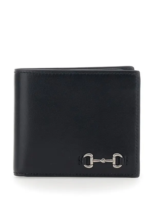 Gucci Bi-fold Wallet With Horsebit On The Front And Logo Imprinted Inside In Leather For - Black