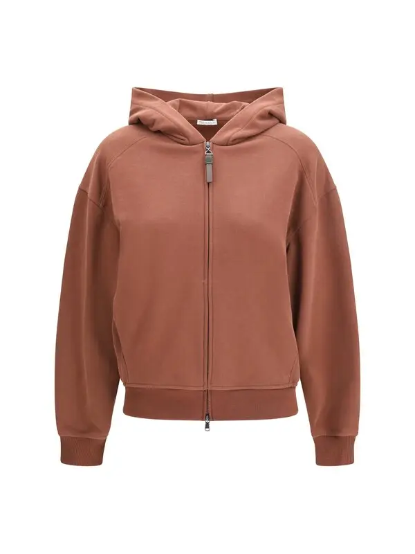 Brunello Cucinelli Hooded Smooth Cotton Sweatshirt With Shiny Zipper Pull - Brown