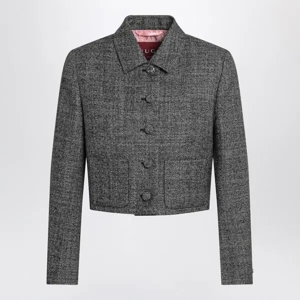 Gucci Cropped Wool Jacket With /white Texture - Black
