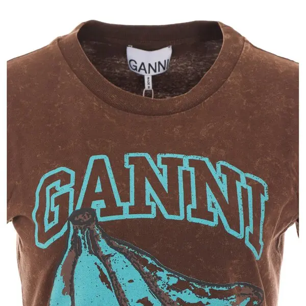 GANNI Logo T-shirt With Blue Banana Print - Brown
