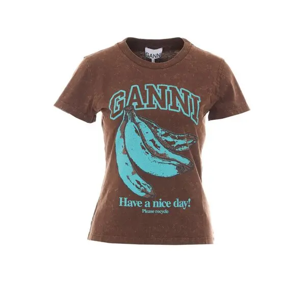 GANNI Logo T-shirt With Blue Banana Print - Brown