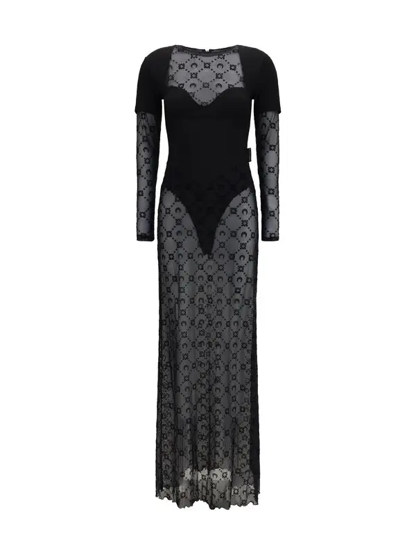 MARINE SERRE Layered Long Dress In Jersey And Mesh - Black