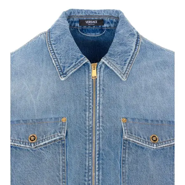 Versace Zipped Denim Shirt With Medusa Buttons - Blue