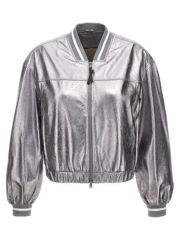 Brunello Cucinelli Laminated Leather Bomber Jacket - Silver