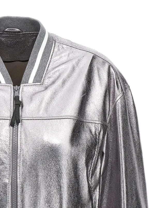 Brunello Cucinelli Laminated Leather Bomber Jacket - Silver