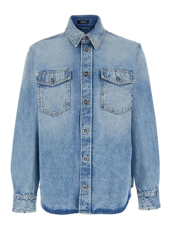 Versace Light Blue Shirt With Classic Collar And Two Patch Pockets On The Front In Denim For
