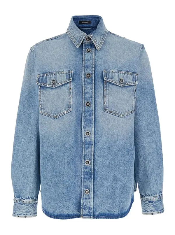 Versace Light Blue Shirt With Classic Collar And Two Patch Pockets On The Front In Denim For - Multicolor