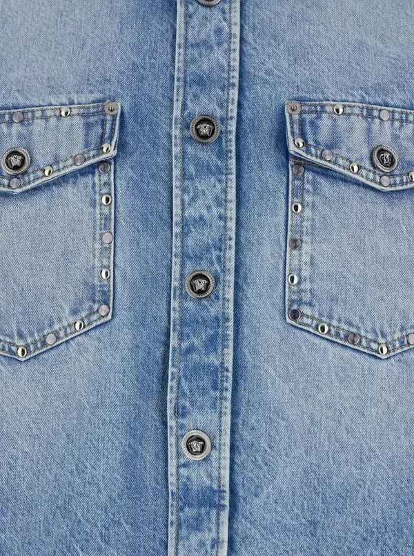 Versace Light Blue Shirt With Classic Collar And Two Patch Pockets On The Front In Denim For - Multicolor