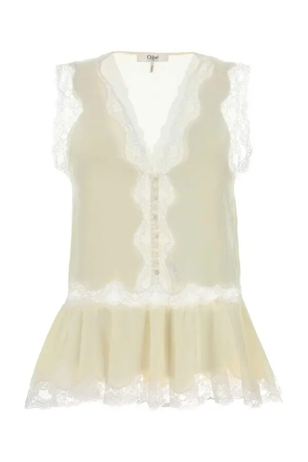 Chloé Silk Lace Trimmed Sleeveless Crepe Top - White