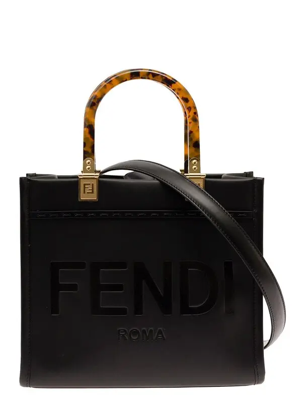 Fendi Tote Bag 'sunshine Small' With Embossed Logo And Tortoiseshell Effect Handle In Leather For - Black