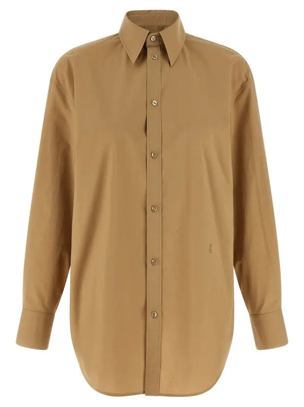 Saint Laurent Cassandre Embroidered Cotton Poplin Shirt - Brown