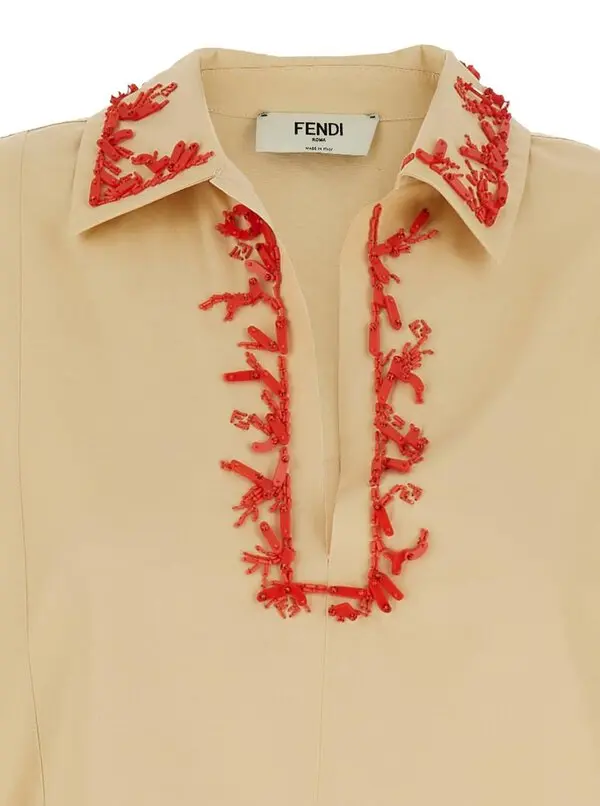Fendi Beige Dress With Open Polo Shirt Style Collar And Embroidery On The Collar In Cotton - Multicolor