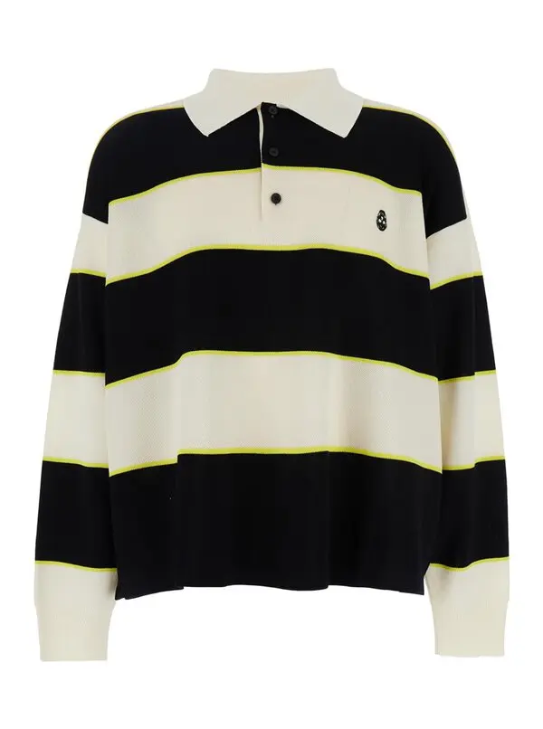 Alexander McQueen Black And White Long-sleeve Polo Shirt With Logo Patch On The Front And All-over Striped Motif In Cotton Blend - Multicolor