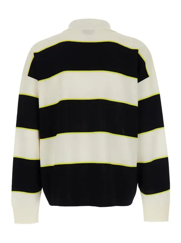 Alexander McQueen Black And White Long-sleeve Polo Shirt With Logo Patch On The Front And All-over Striped Motif In Cotton Blend - Multicolor