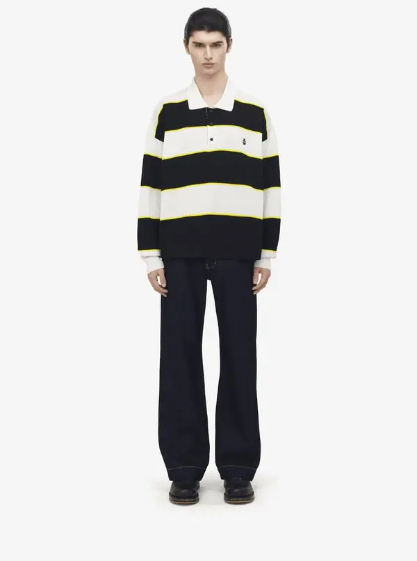 Alexander McQueen Black And White Long-sleeve Polo Shirt With Logo Patch On The Front And All-over Striped Motif In Cotton Blend - Multicolor