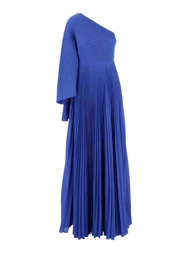 Solace London Maci' Blue One-shoulder Long Dress With Pleated Effect In Tech Fabric - Multicolor