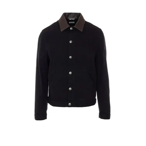 Brunello Cucinelli Light Denim Jacket With Leather Collar - Black